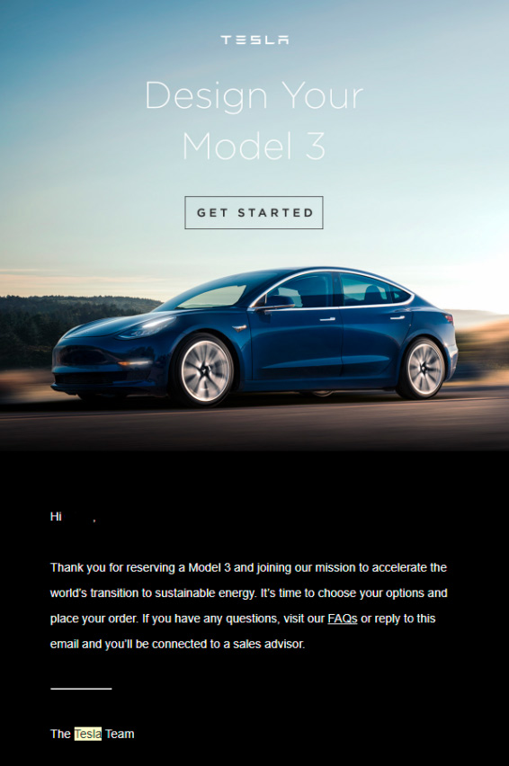 Zo ziet je 'bestel nu'-mail voor de Model 3 er uit - Teslafacts